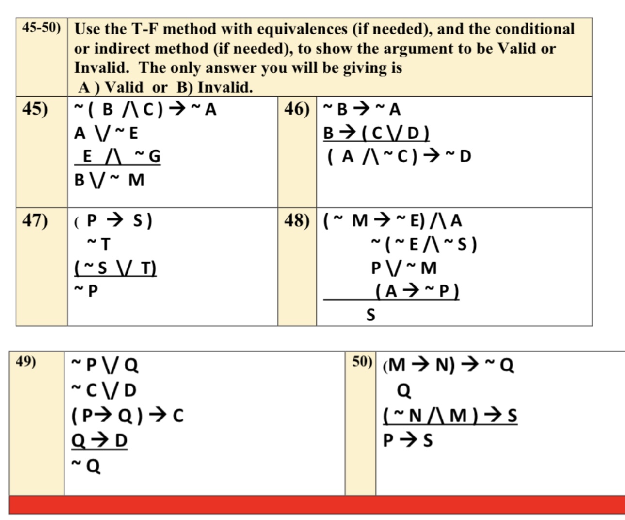 Solved 50 Use The T F Method With Equivalences If Needed