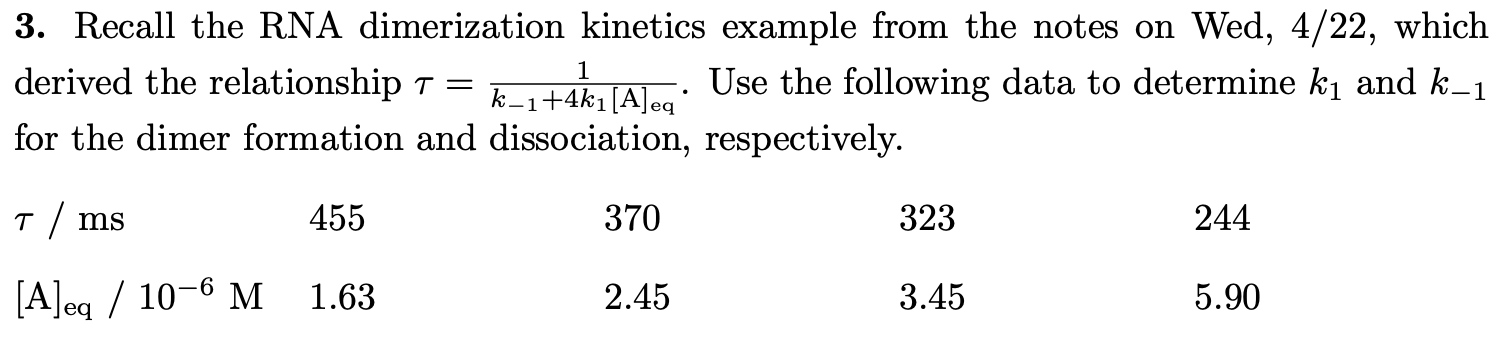 Solved 3. Recall the RNA dimerization kinetics example from | Chegg.com