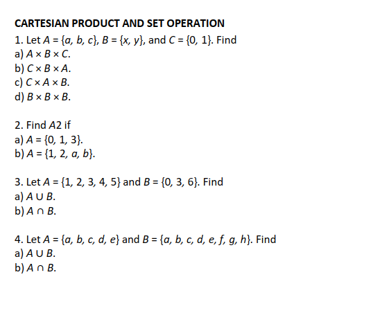 Solved CARTESIAN PRODUCT AND SET OPERATION 1. Let A = | Chegg.com