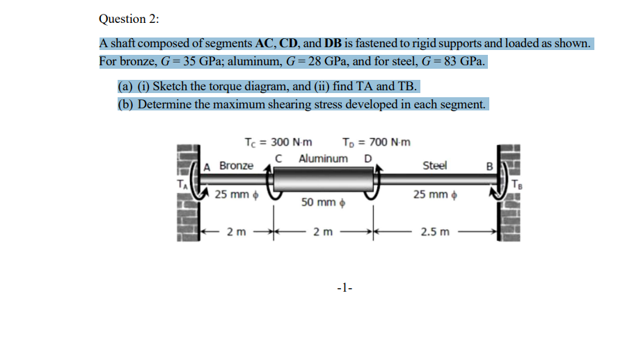 Solved Question 2: A shaft composed of segments AC, CD, and | Chegg.com
