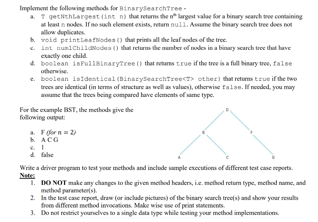 Solved a. Implement the following methods for | Chegg.com