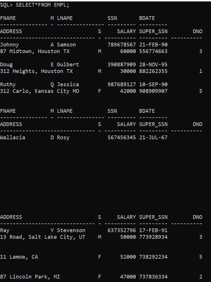 Solved SQL> SELECT*FROM EMPL; FNAME M LNAME SSN BDATE | Chegg.com