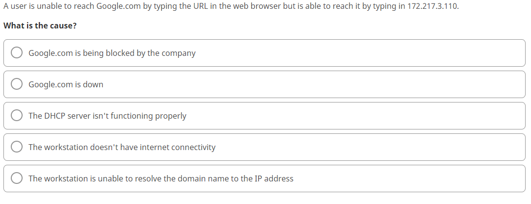 Solved A user is unable to reach Google.com by typing the | Chegg.com