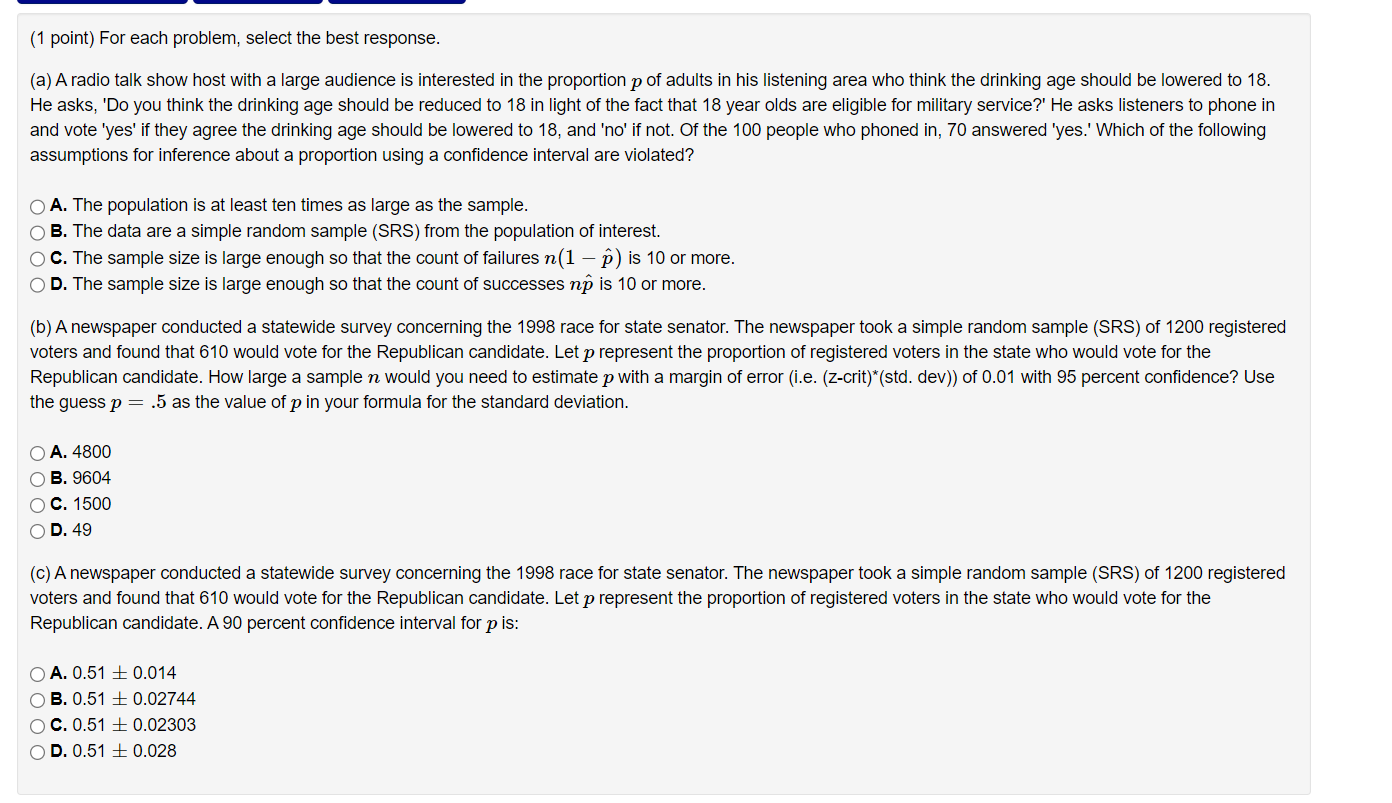 Solved (1 point) For each problem, select the best response. | Chegg.com