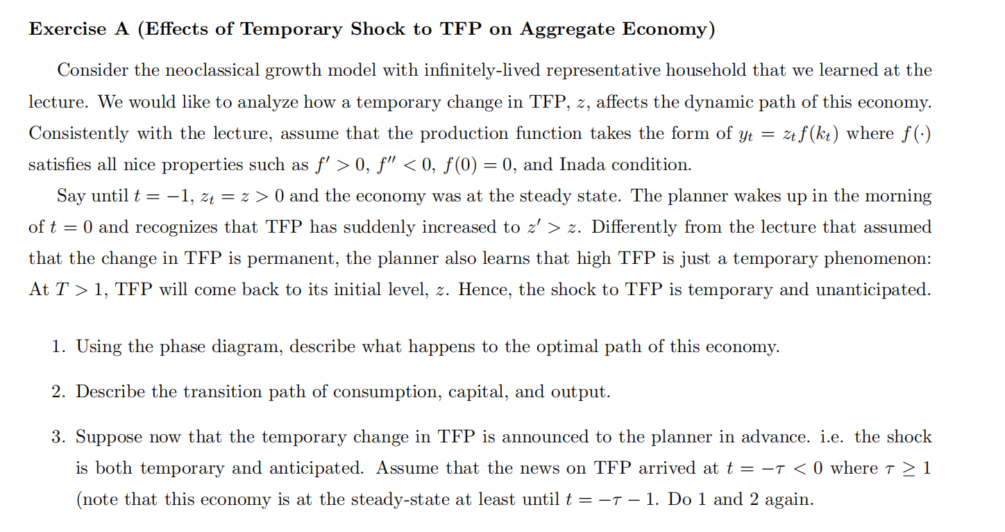 Solved Exercise A (Effects of Temporary Shock to TFP on | Chegg.com