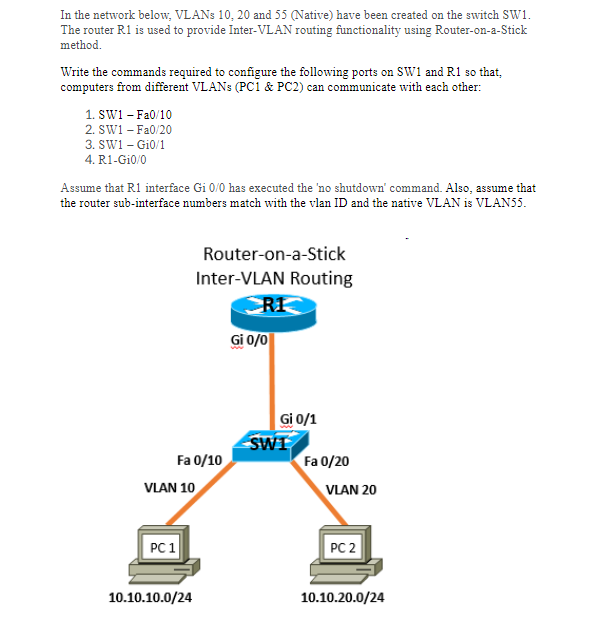 Solved In the network below, VLANs 10, 20 and 55 (Native) | Chegg.com