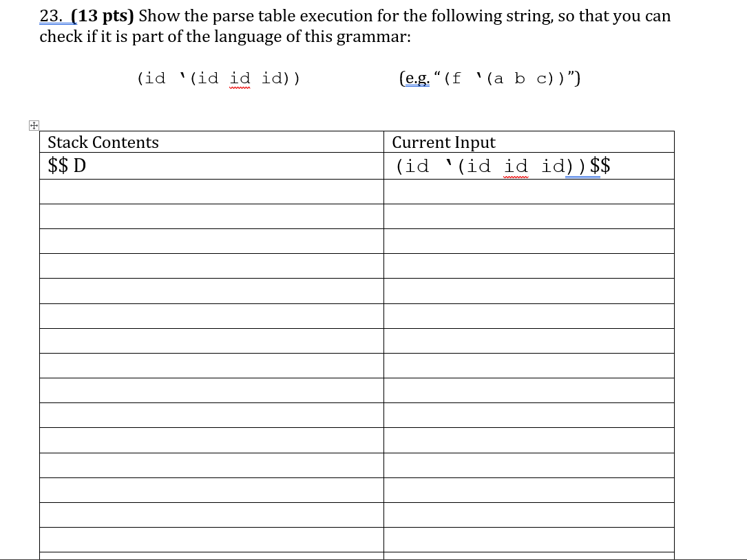 Solved 23. (13 pts) Show the parse table execution for the | Chegg.com