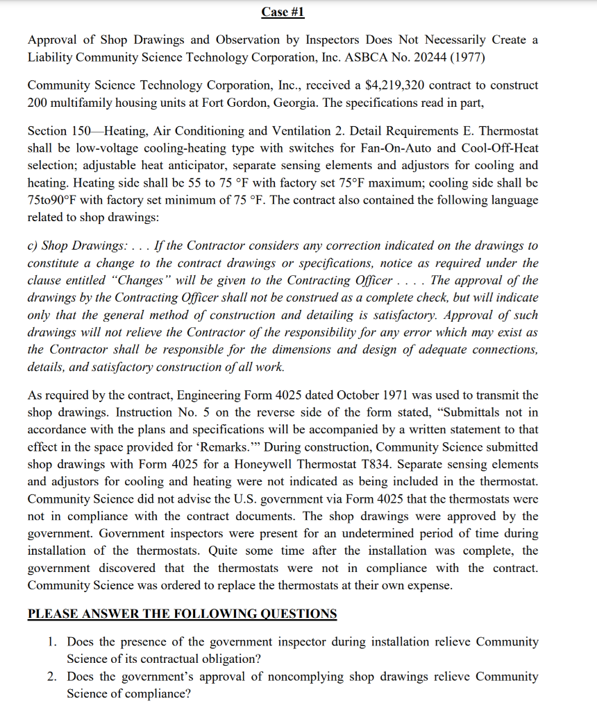 Solved Case #1 Approval of Shop Drawings and Observation by | Chegg.com