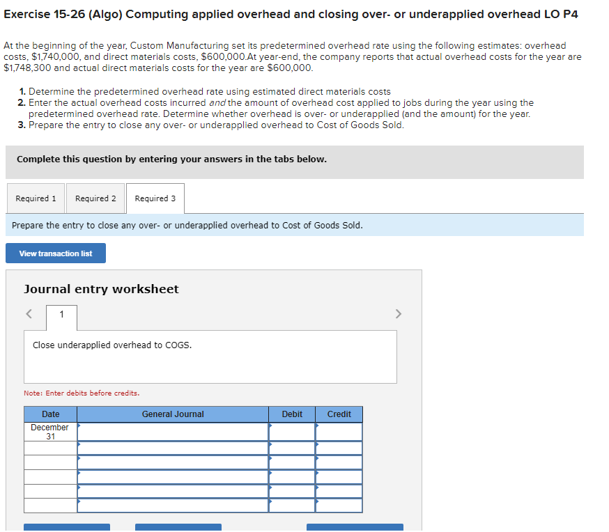 Solved Exercise 15-26 (Algo) Computing applied overhead and | Chegg.com