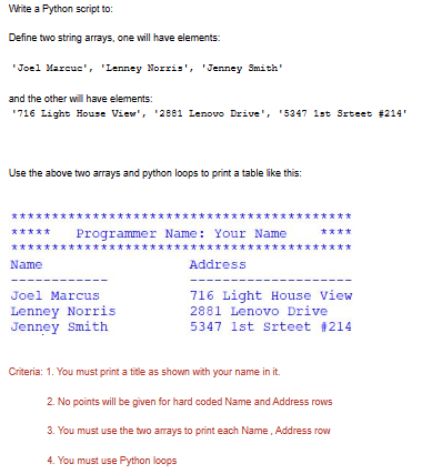 Solved Write a Python script to: Define two string arrays, | Chegg.com