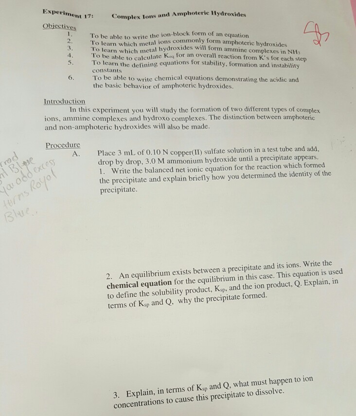 Solved Experiment 17: Complex Ions and Amphoteric Hydroxides | Chegg.com