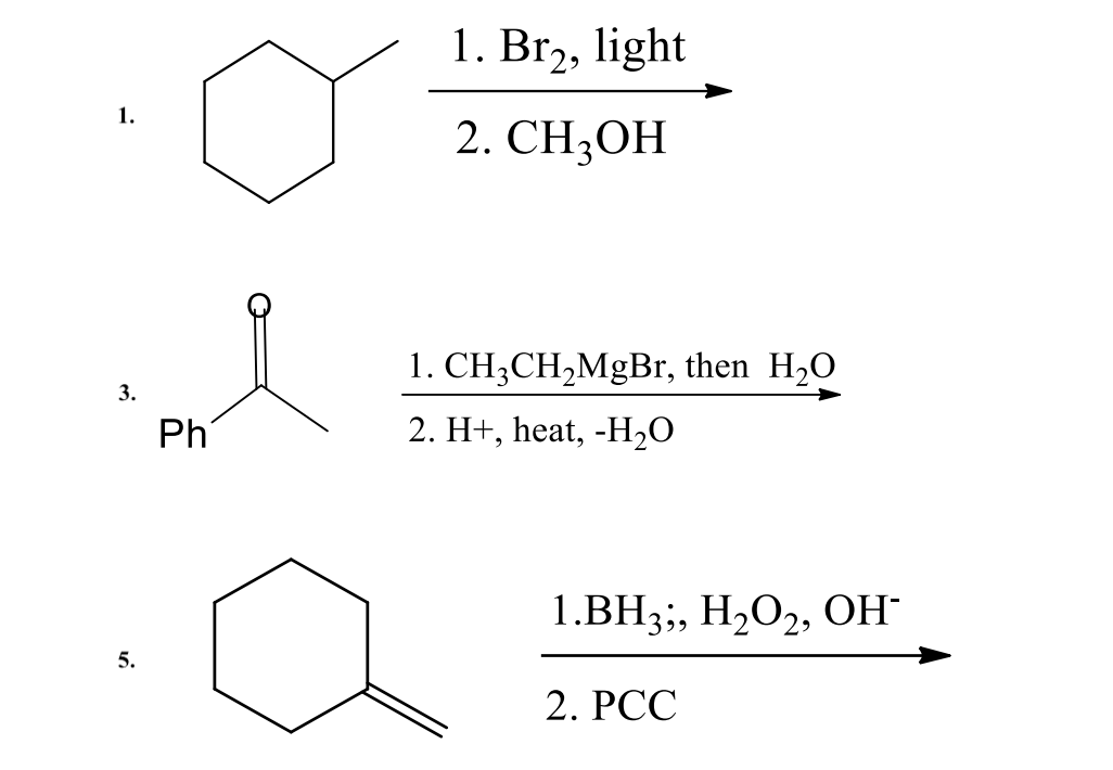 Solved 1. Br2, light 1. 2. CH3OH 1. CH3CH MgBr, then H2O 3. | Chegg.com