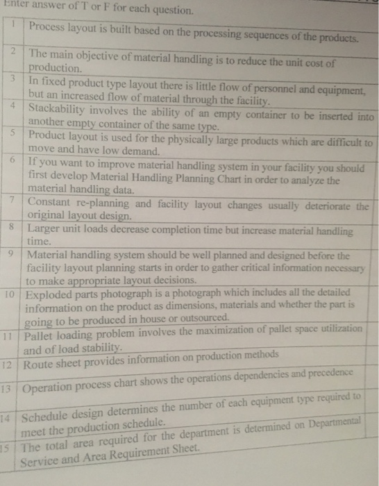 Solved Enter answer of T or F for each question. Process | Chegg.com