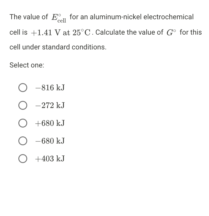Solved The value of Ecell ° ﻿for an aluminum-nickel | Chegg.com