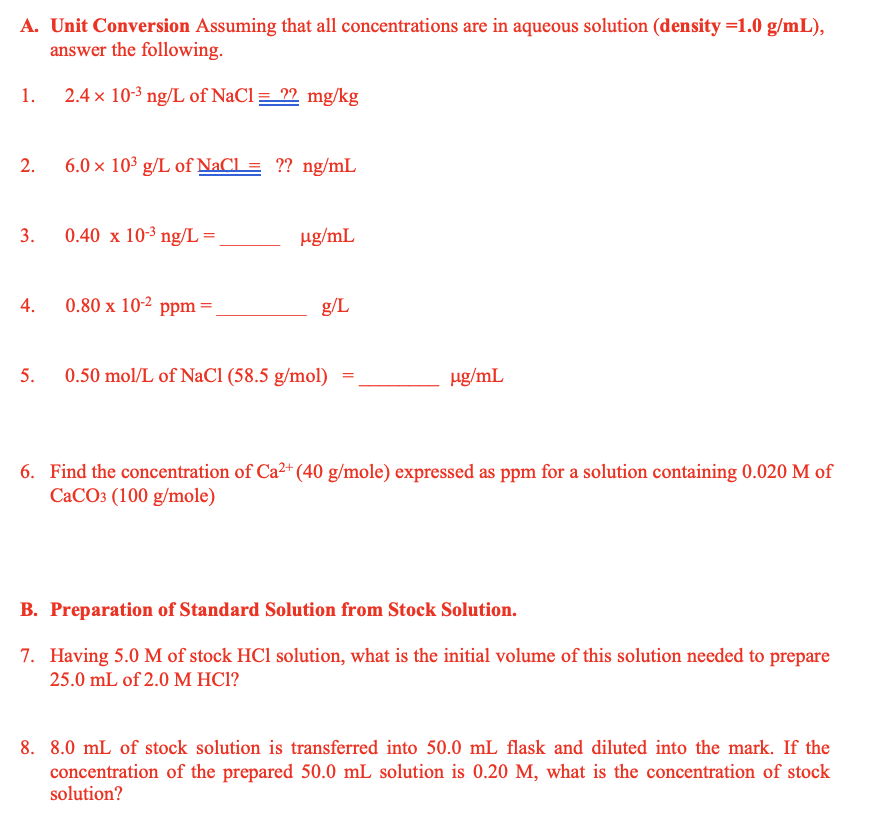 Solved A. ﻿Unit Conversion Assuming that all concentrations | Chegg.com