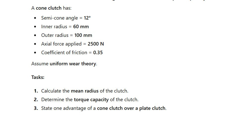 Solved A cone clutch has:- ﻿Semi-cone angle | Chegg.com