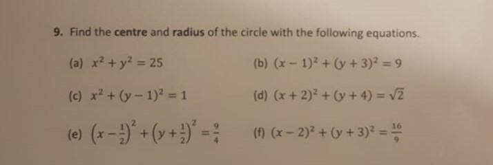 Solved 9. Find the centre and radius of the circle with the | Chegg.com