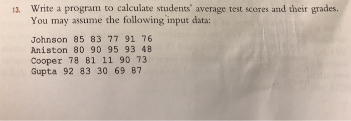 Solved Write A Program To Calculate Students Average Test Chegg