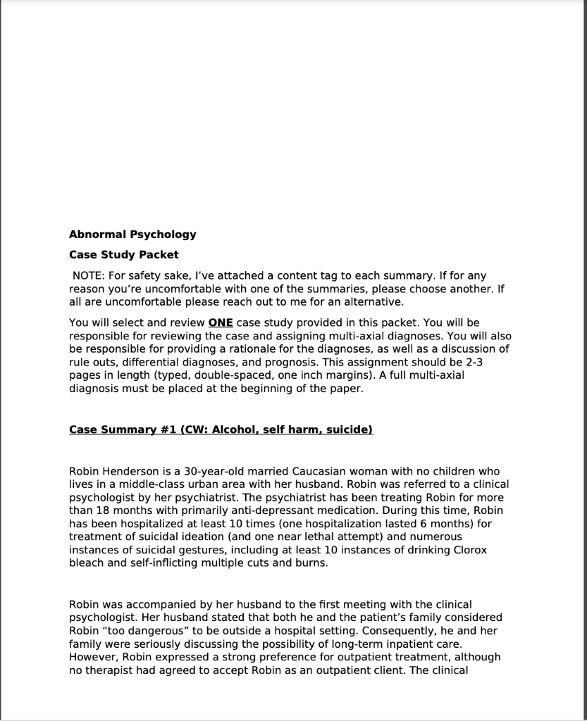 Solved Abnormal Psychology Case Study Packet NOTE: For | Chegg.com