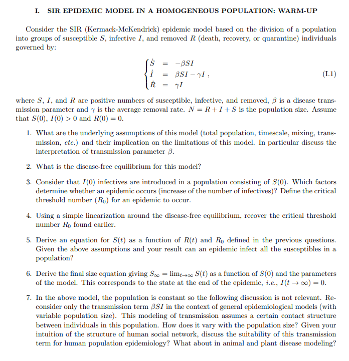 I. SIR EPIDEMIC MODEL IN A HOMOGENEOUS POPULATION: | Chegg.com