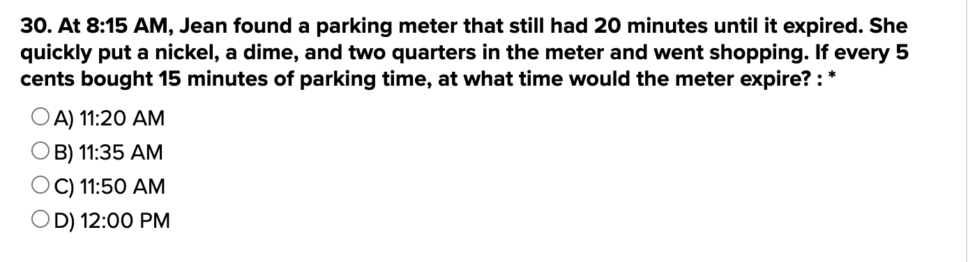 Solved 30. At 8:15 AM, Jean found a parking meter that still | Chegg.com