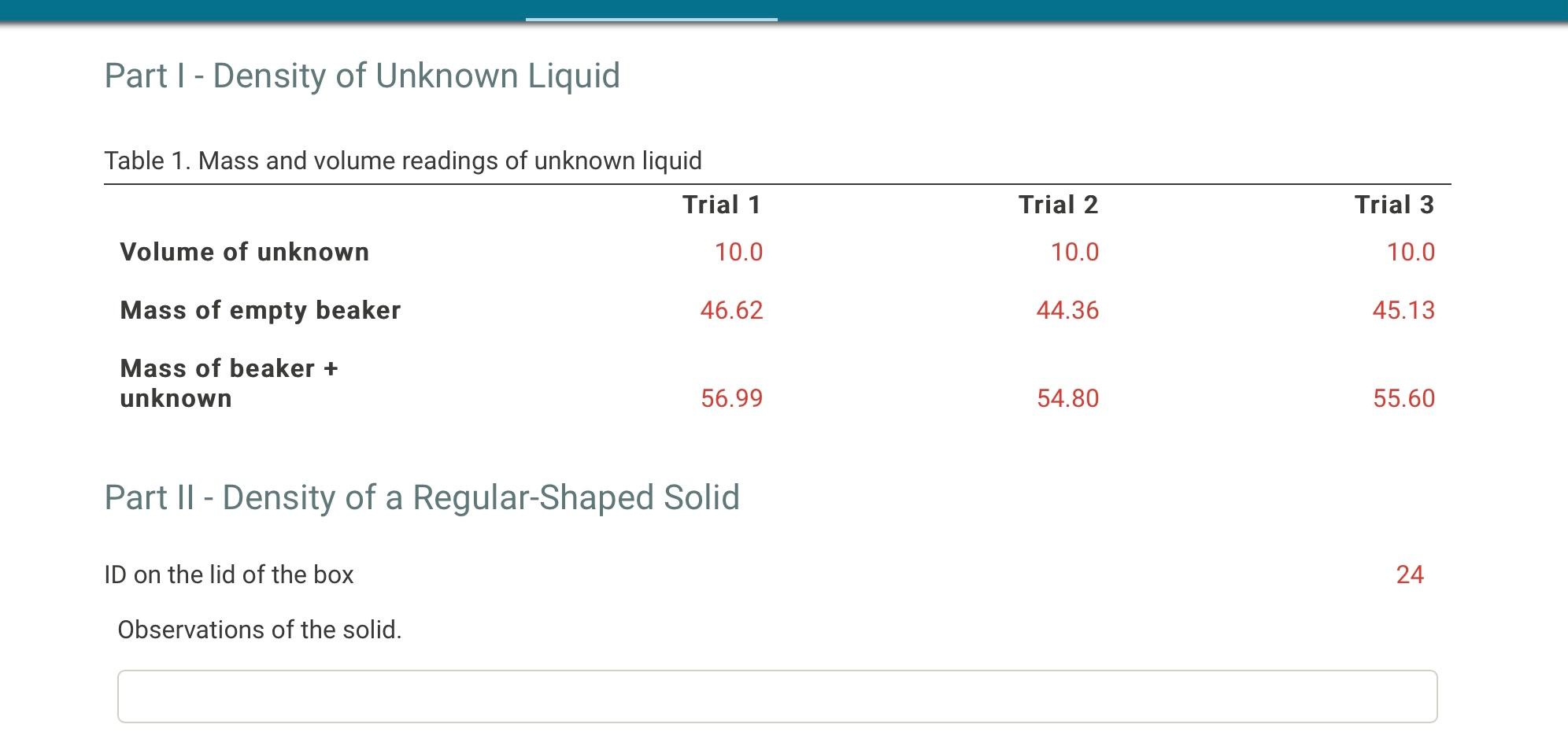 Solved Part 1 - Density of Unknown Liquid Table 1. Mass and | Chegg.com