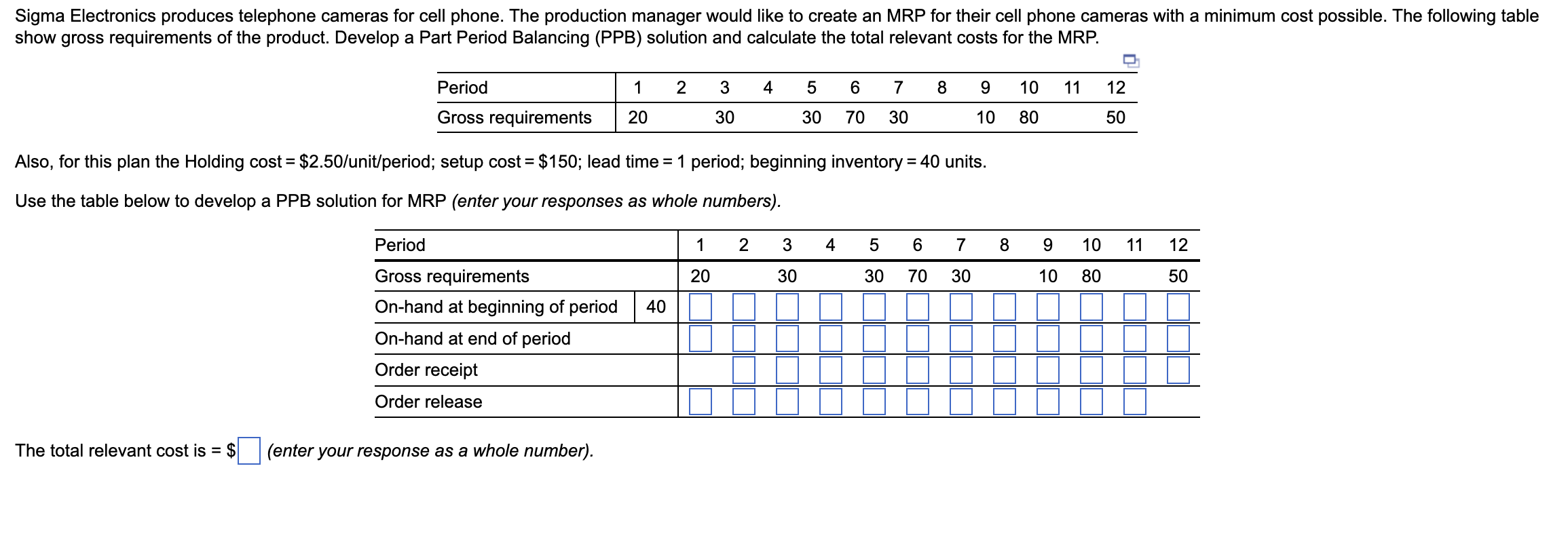 Solved Also, for this plan the Holding cost =$2.50 | Chegg.com
