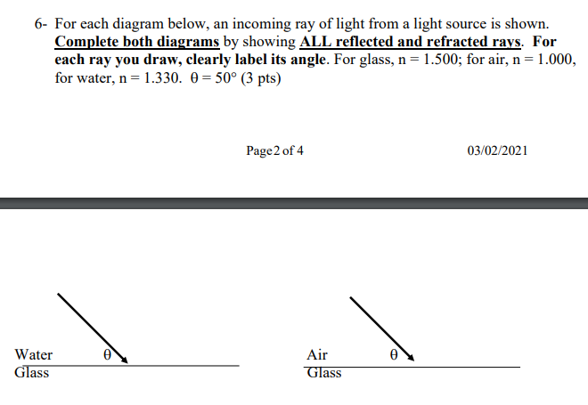 Solved 6- For each diagram below, an incoming ray of light | Chegg.com