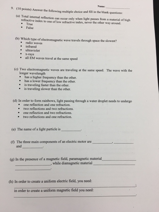 Solved Name: 9. (10 points) Answer the following multiple | Chegg.com