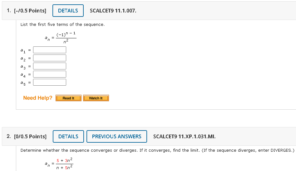 Solved 1. [-/0.5 Points] DETAILS SCALCET9 11.1.007. List the | Chegg.com
