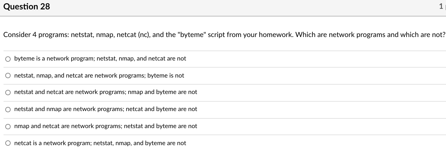 Solved Question 28 1 Consider 4 programs: netstat, nmap, | Chegg.com