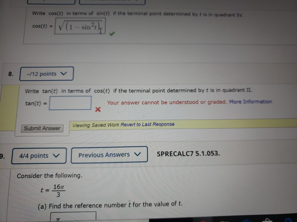 Solved write tan(t) in terms of cos(t) if the terminal point | Chegg.com