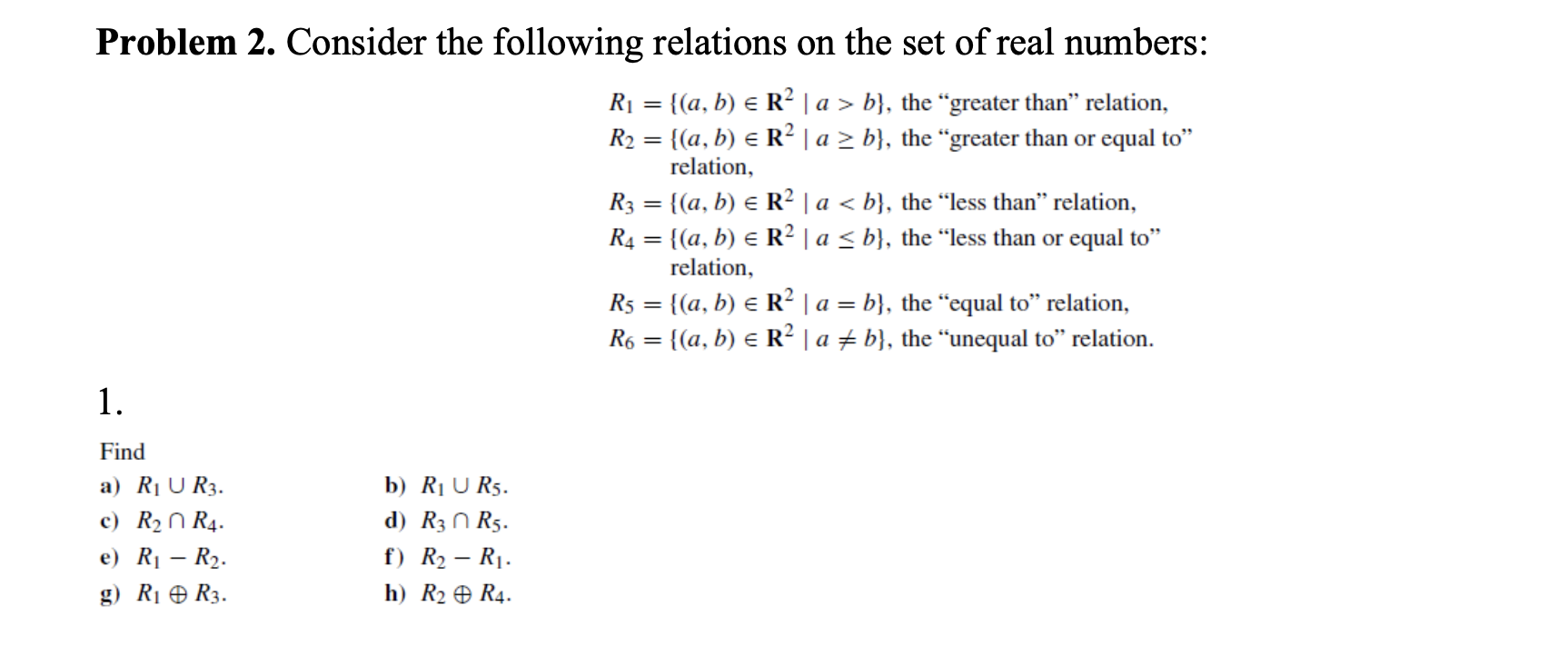 Solved = Problem 2. Consider the following relations on the | Chegg.com