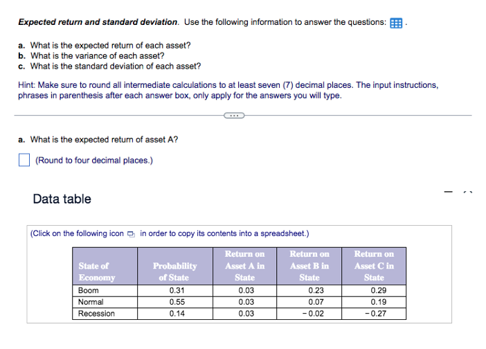 Solved Expected return and standard deviation. Use the | Chegg.com