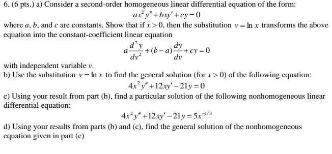Solved dy dv 6. (6 pts.) a) Consider a second-order | Chegg.com