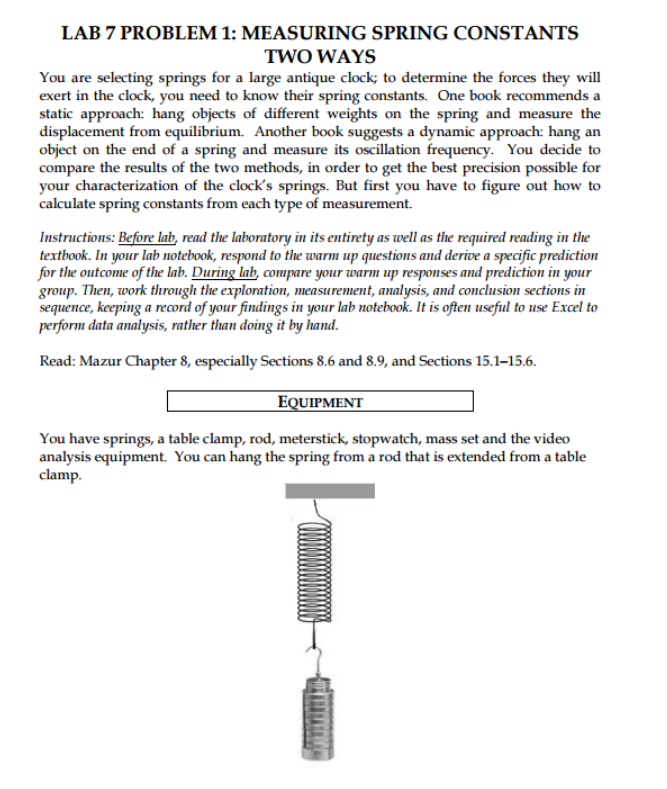 Solved LAB 7 PROBLEM 1: MEASURING SPRING CONSTANTS TWO WAYS | Chegg.com