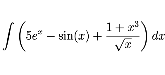 Solved ∫(5ex−sin(x)+x1+x3)dx | Chegg.com