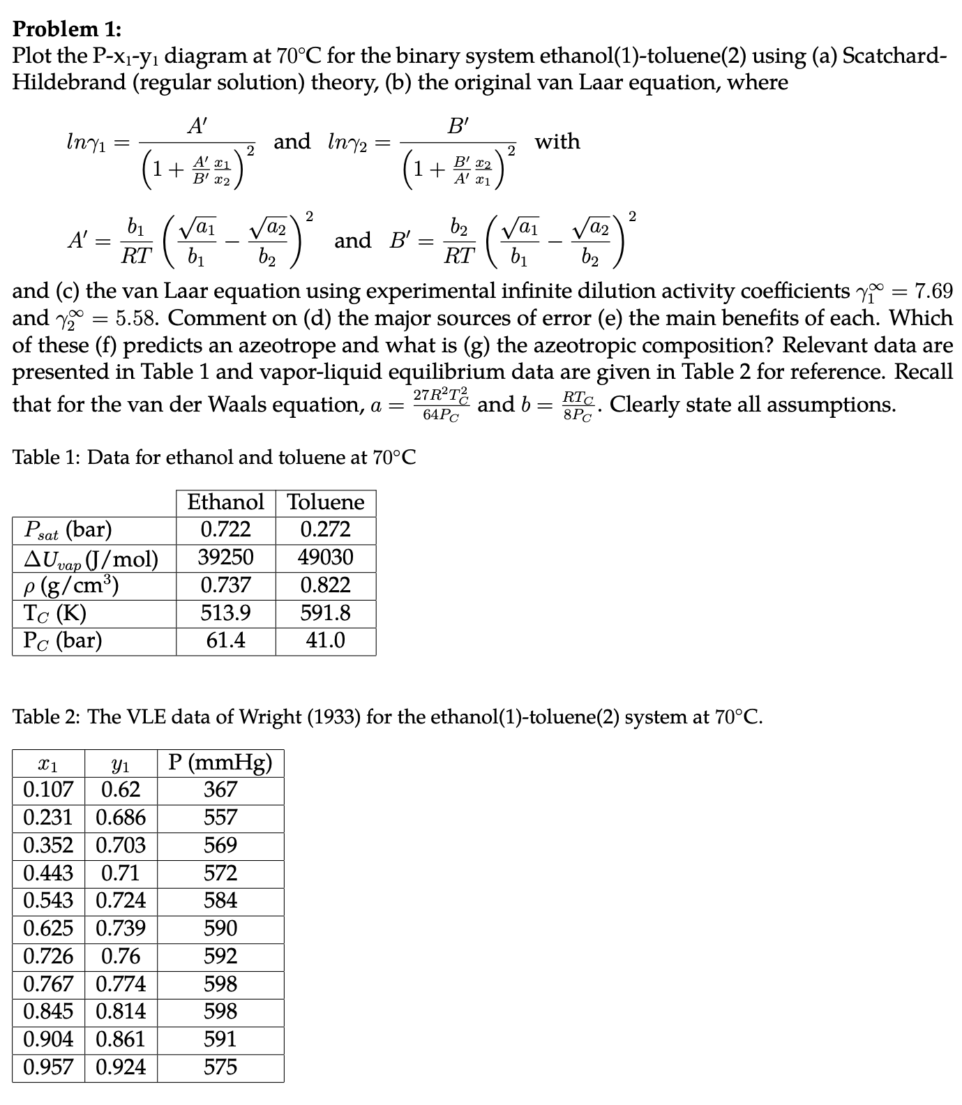 Solved Problem 1:Plot the P-x1-y1 ﻿diagram at 70°C ﻿for the | Chegg.com