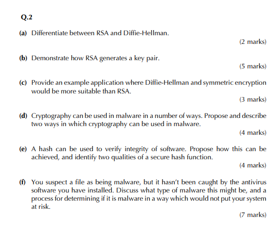Solved (a) Differentiate between RSA and Diffie-Hellman. (2 | Chegg.com