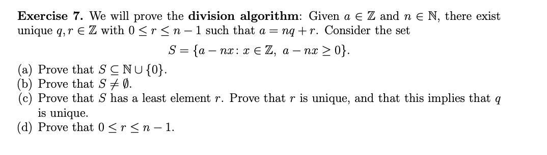 Solved Exercise 7. We will prove the division algorithm: | Chegg.com
