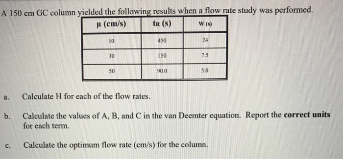 A 150 cm GC column yielded the following results when | Chegg.com