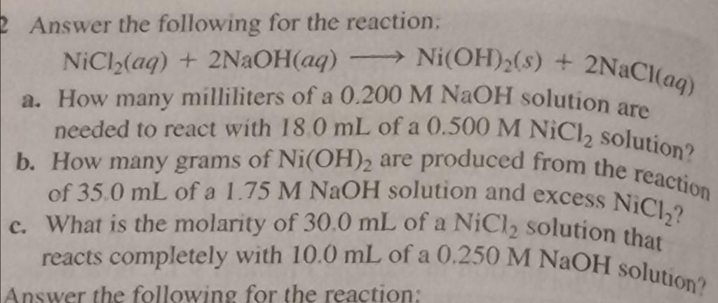 Solved Answer the following for the reaction, NiCl(aq) + | Chegg.com