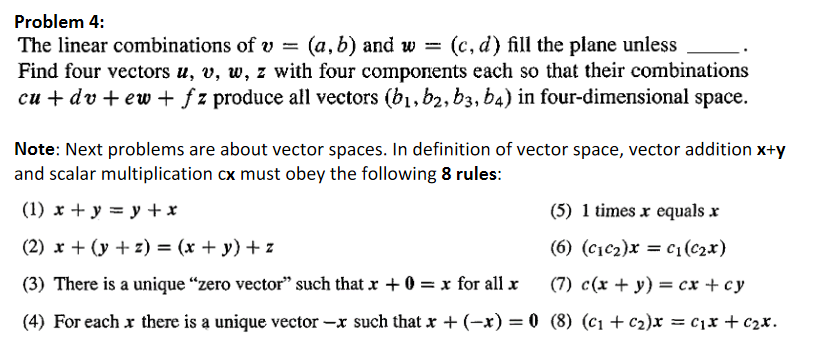 Solved Problem 4: The linear combinations of v = (a,b) and w | Chegg.com