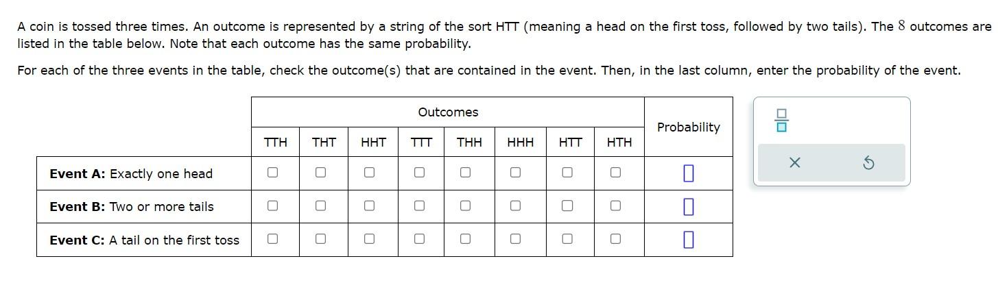Solved A coin is tossed three times. An outcome is | Chegg.com
