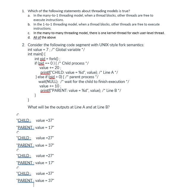 Solved 1. Which of the following statements about threading | Chegg.com