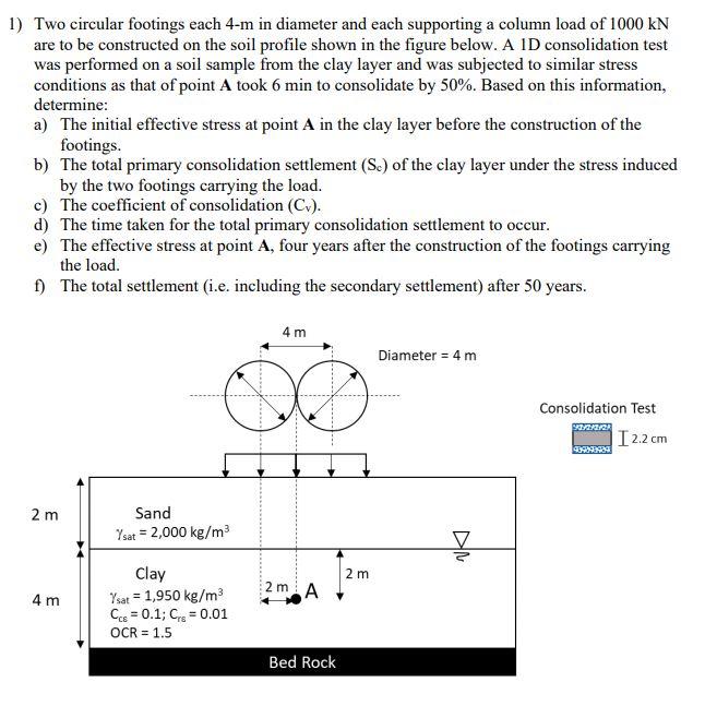 Solved 1) Two circular footings each 4-m in diameter and | Chegg.com