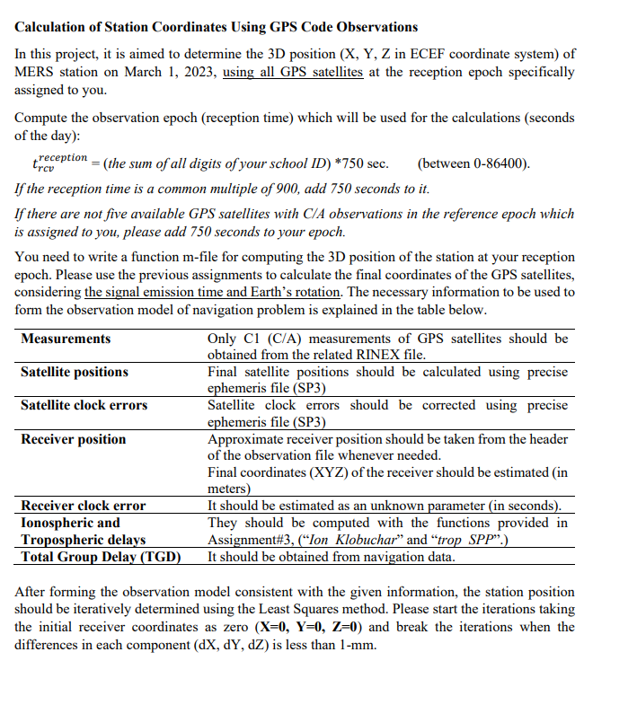 Solved Calculation of Station Coordinates Using GPS Code | Chegg.com