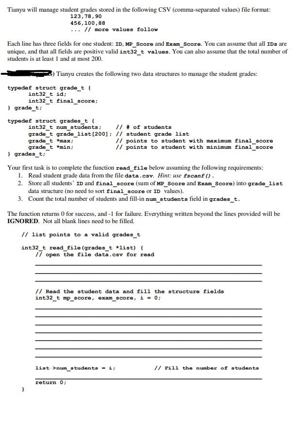 Solved Tianyu will manage student grades stored in the | Chegg.com