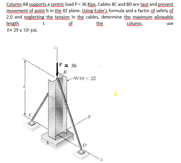 Solved Column AB supports a centric load P = 36 Kips. Cables | Chegg.com