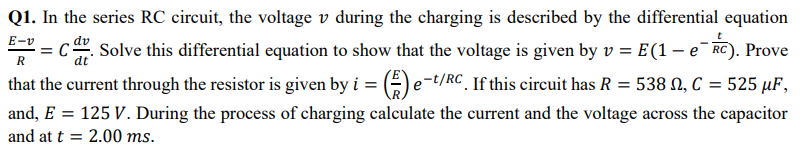 Solved R Q1. In the series RC circuit, the voltage v during | Chegg.com